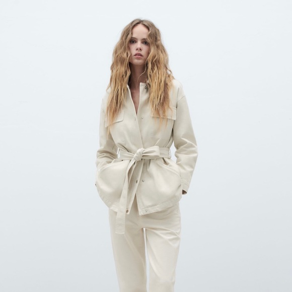 Zara | Jackets & Coats | Zara Cream Belted Denim Jacket | Poshmark